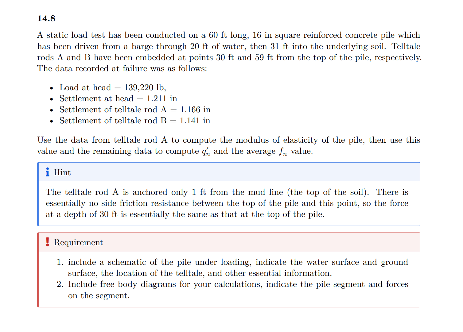 Solved A static load test has been conducted on a 60ft long, | Chegg.com