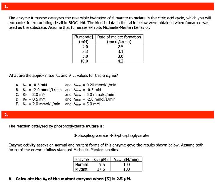 Solved 1. 1 The enzyme fumarase catalyzes the reversible | Chegg.com