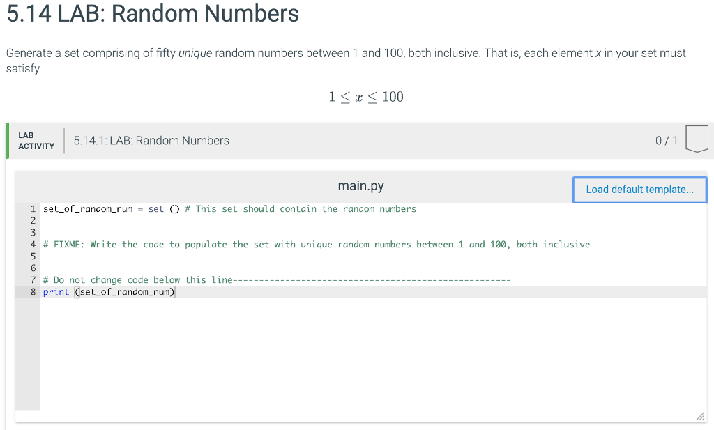 Solved 5 14 LAB Random Numbers Generate A Set Comprising Of Chegg