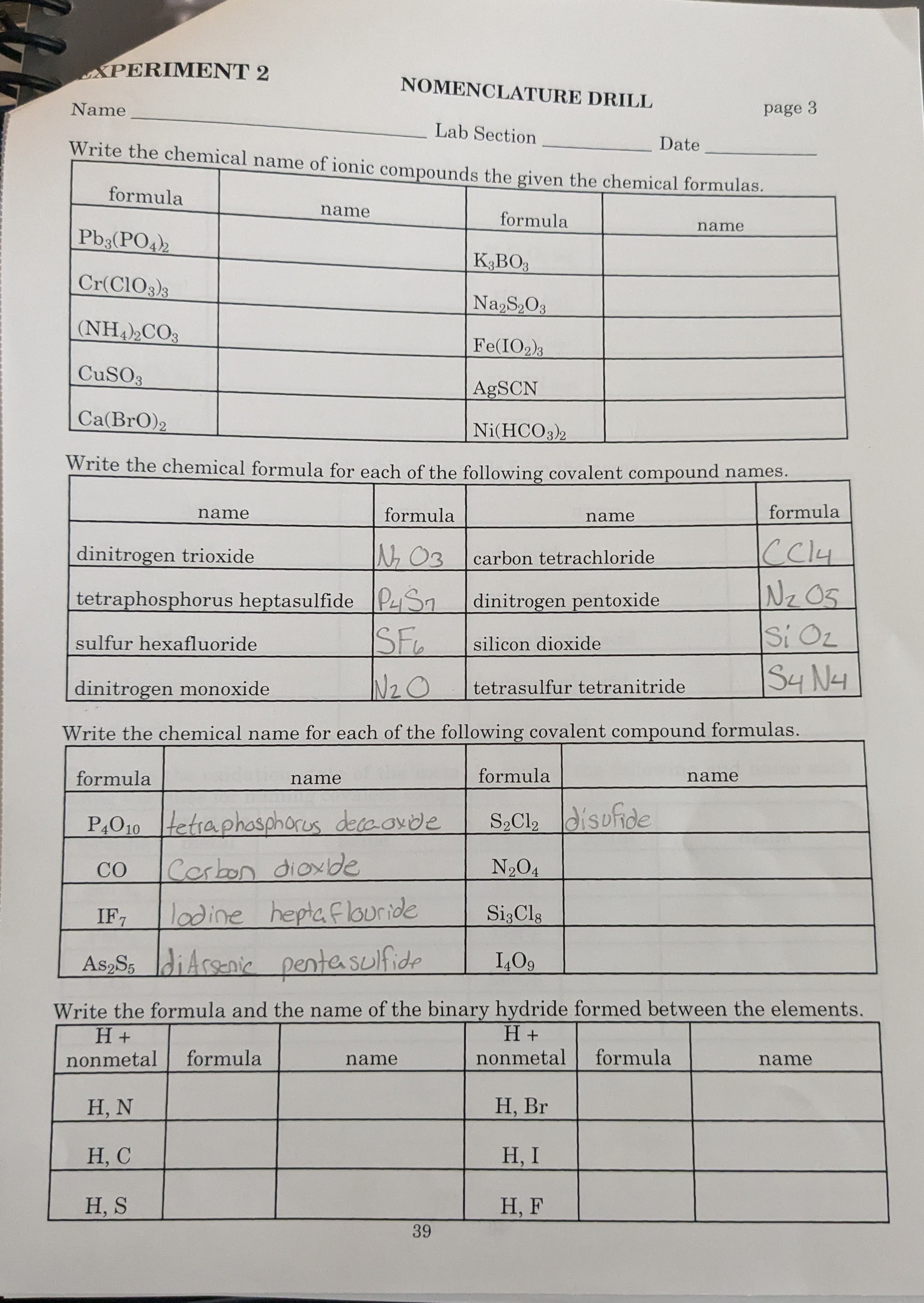 Solved Lab Section Write the chemical name of ionic comnnnnd | Chegg.com