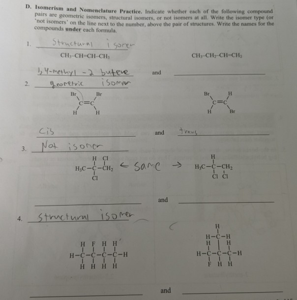 Solved D. Isomerism and Nomenclature Practice. Indicate | Chegg.com