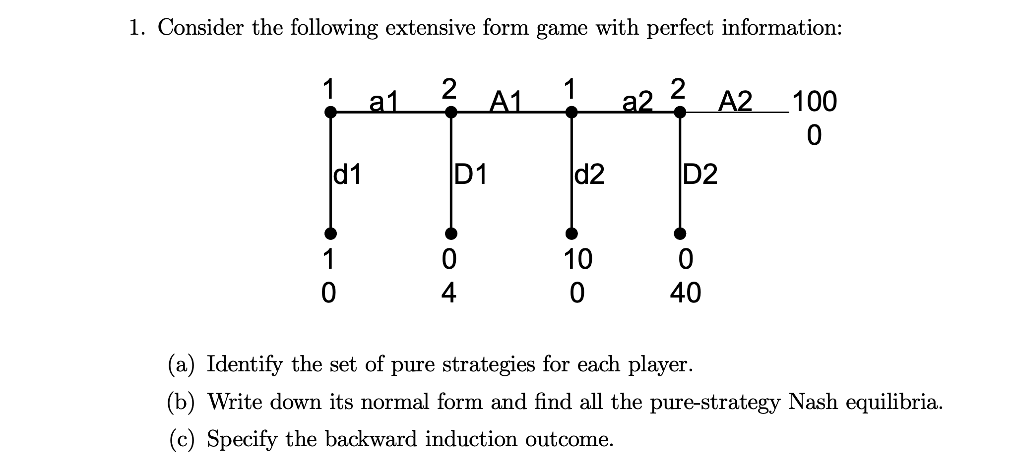 Solved 1. Consider the following extensive form game with | Chegg.com
