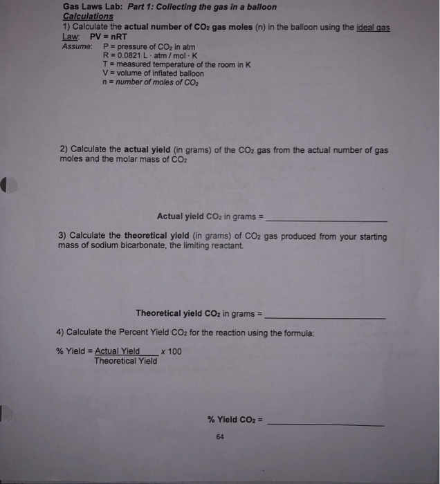 Gas Laws Lab: Part 1: Collecting the gas in a balloon | Chegg.com