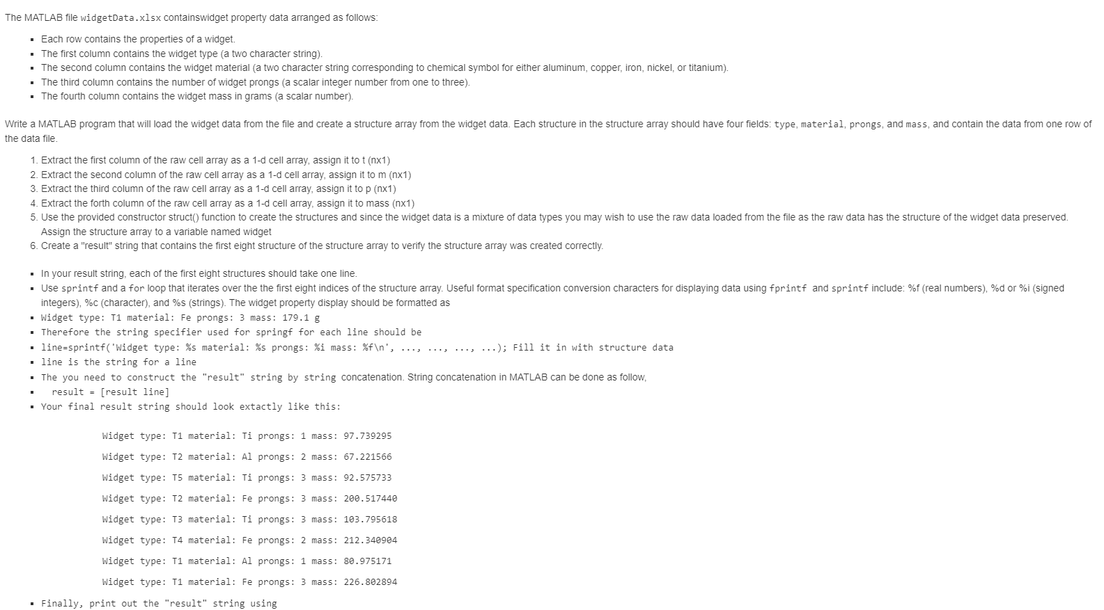 Solved The MATLAB file widgetData.xlsx containswidget | Chegg.com