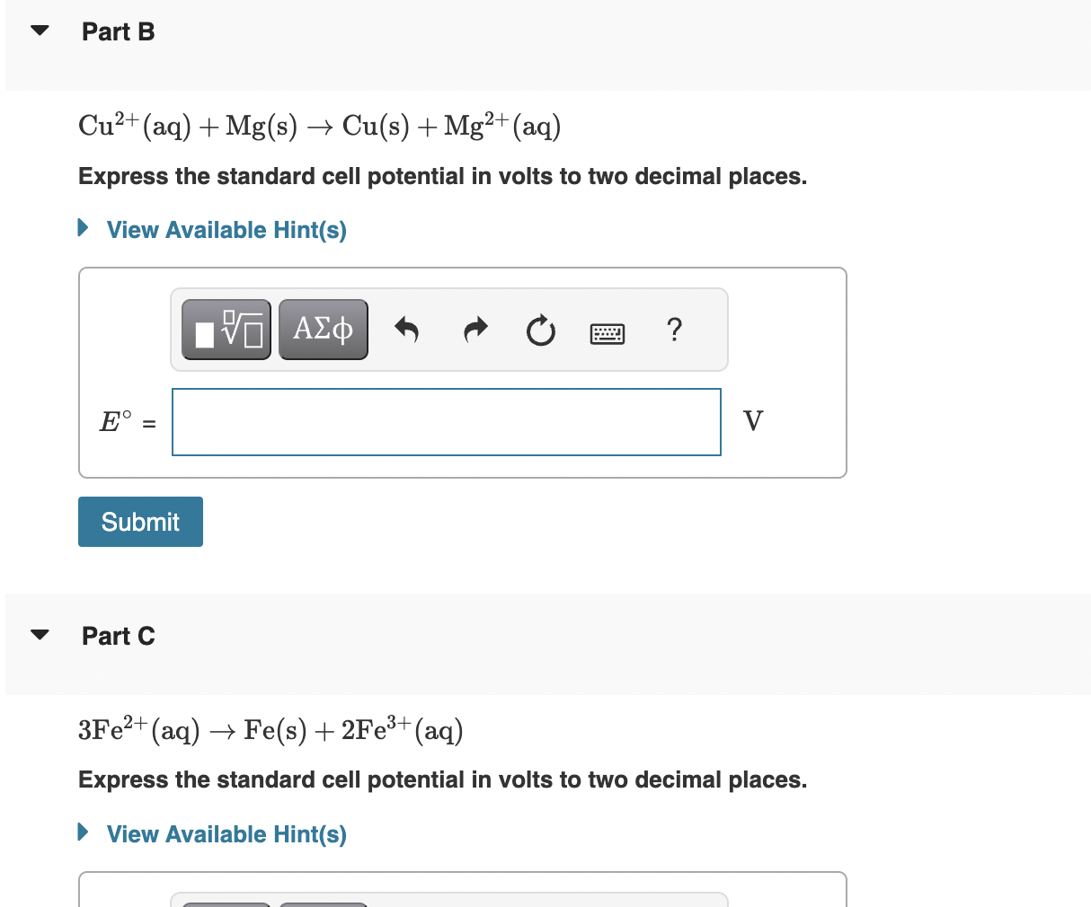 Solved Cu2+(aq)+Mg(s)→Cu(s)+Mg2+(aq) Express the standard | Chegg.com