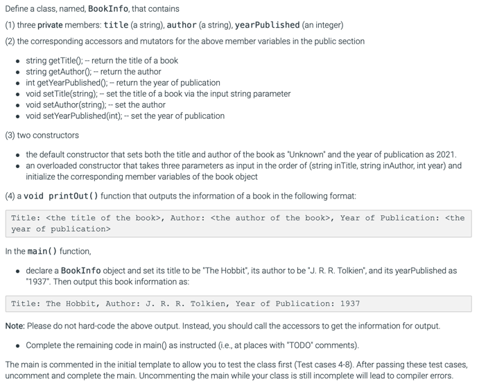 Solved Define a class, named, BookInfo, that contains (1) | Chegg.com
