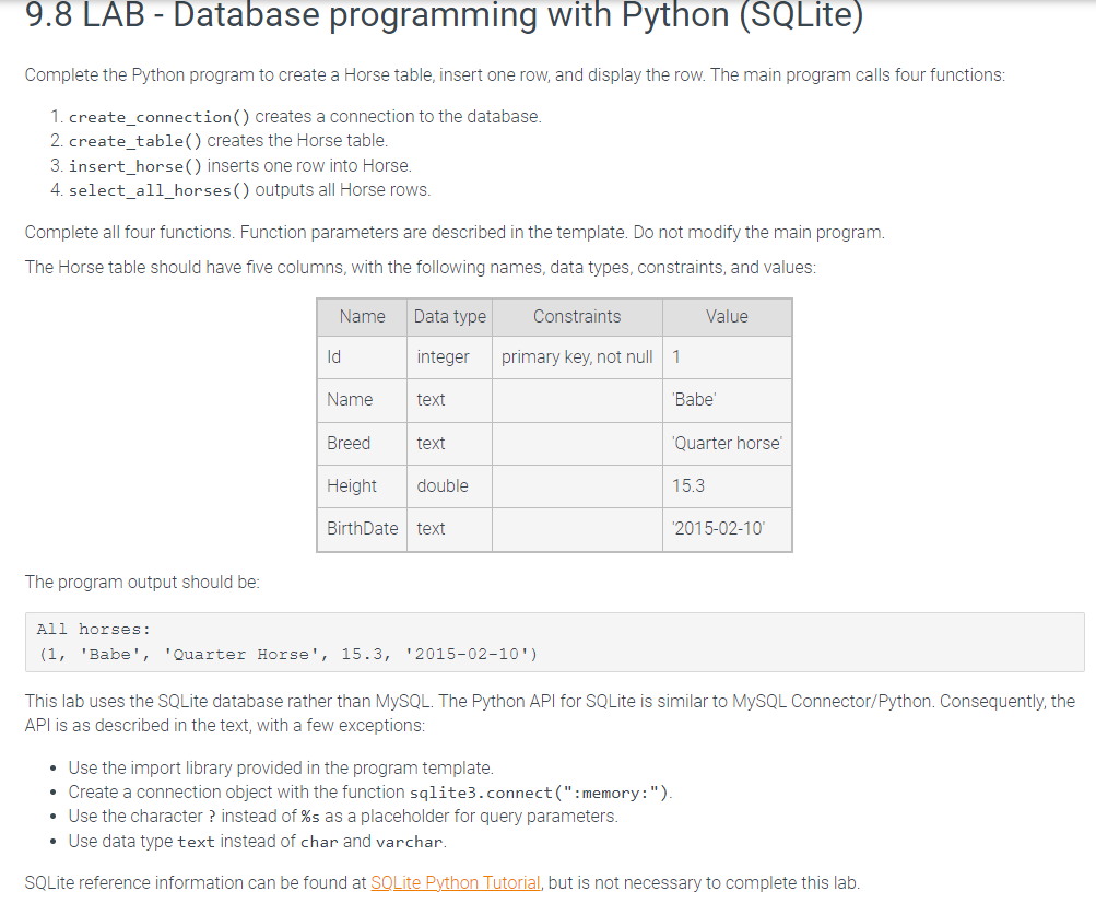 Solved Complete the Python program to create a Horse table, | Chegg.com