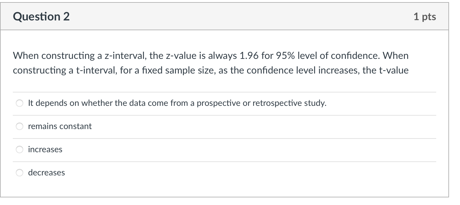 Solved Question 2 1 pts When constructing a z-interval, the | Chegg.com
