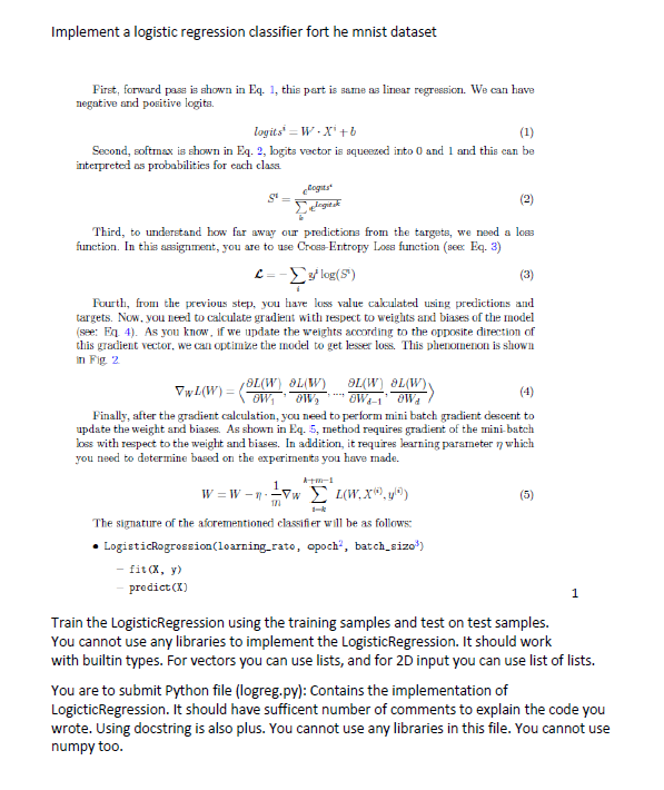 Implement a logistic regression classifier fort he | Chegg.com