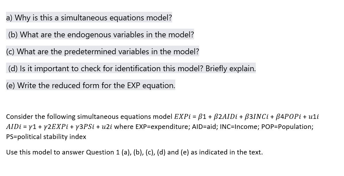 Solved a) Why is this a simultaneous equations model? (b) | Chegg.com