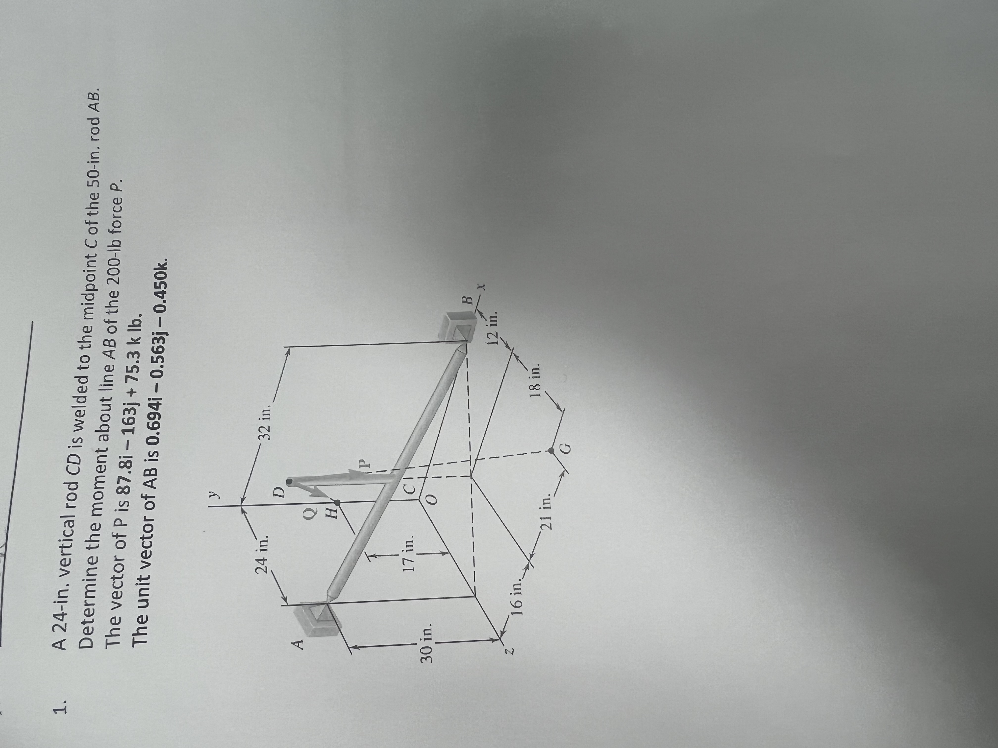 Solved 1. A 24-in. vertical rod CD is welded to the midpoint | Chegg.com