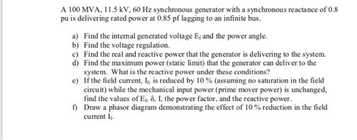 Solved A 100 MVA. 11.5 kV. 60 Hz synchronous generator with | Chegg.com
