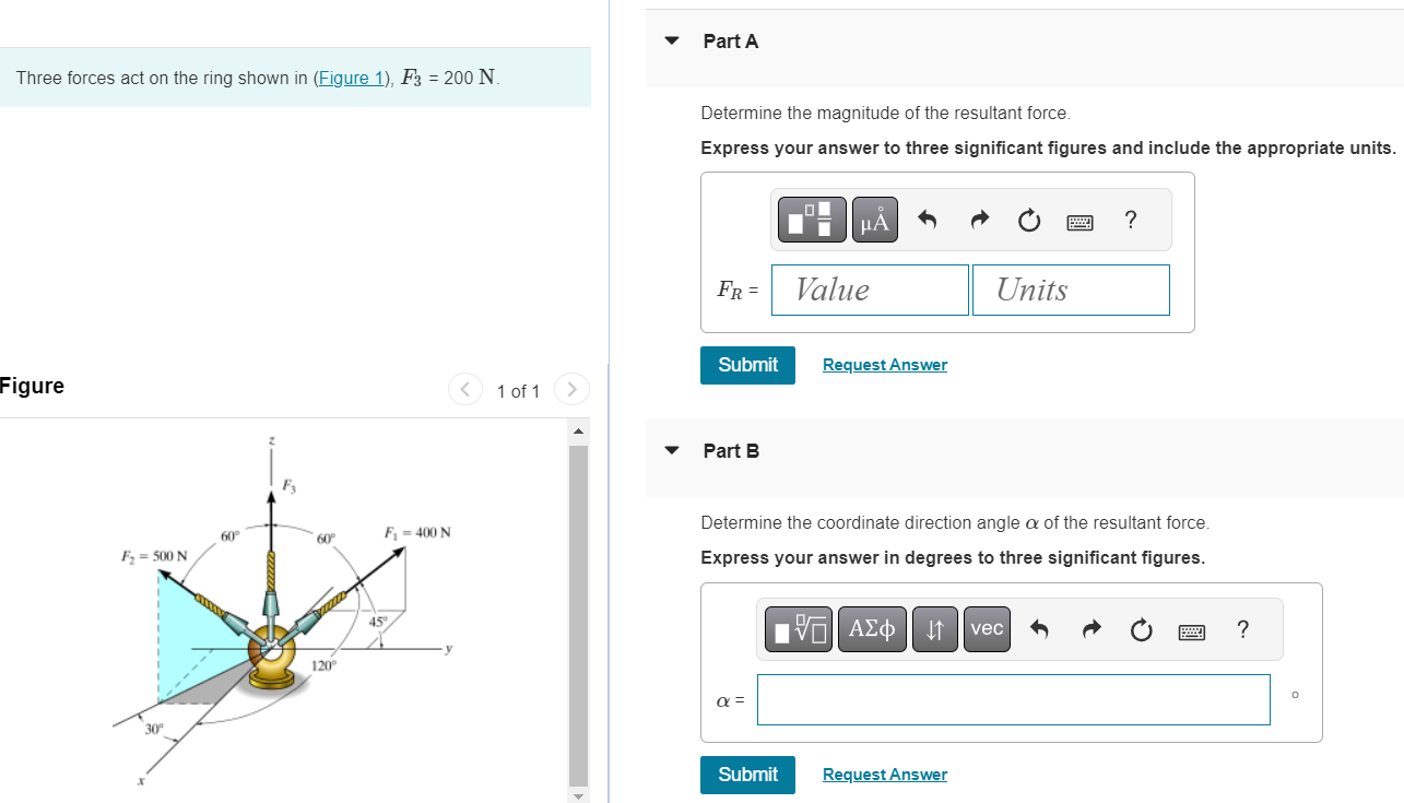 Solved Three forces act on the ring shown in F3=200 N | Chegg.com