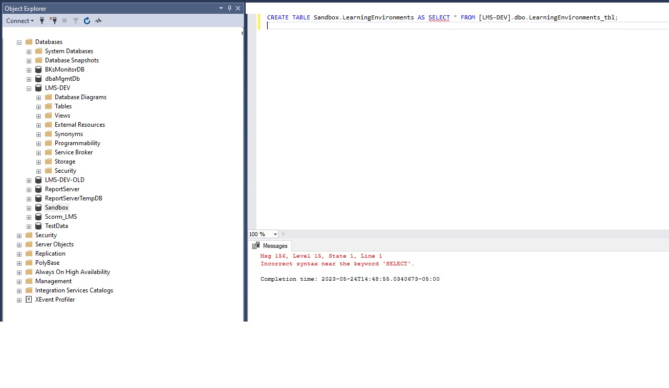 Solved CREATE TABLE Sandbox. LearningEnvironments AS SELECT | Chegg.com