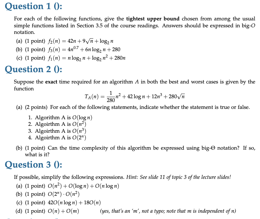 Solved Question 1 ():For each of the following functions, | Chegg.com