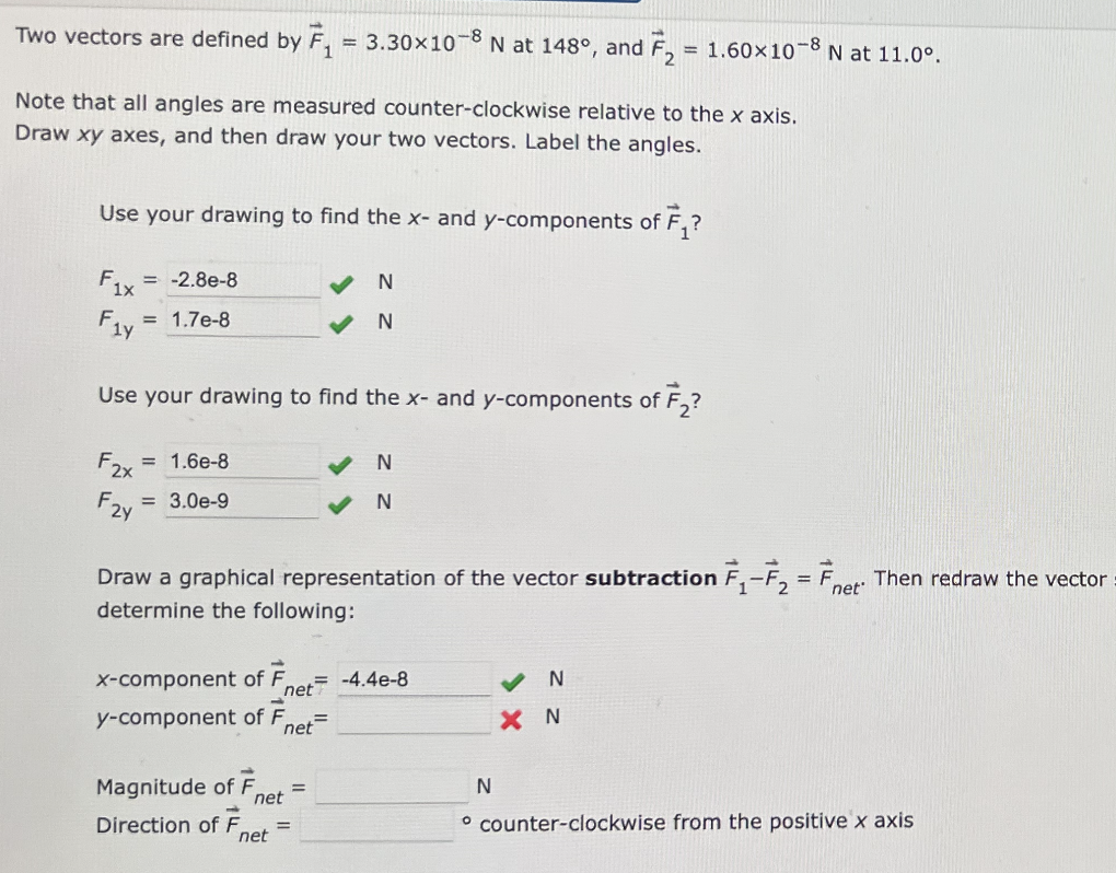 Solved vectors are defined by F1=3.30×10−8 N at 148∘, and | Chegg.com