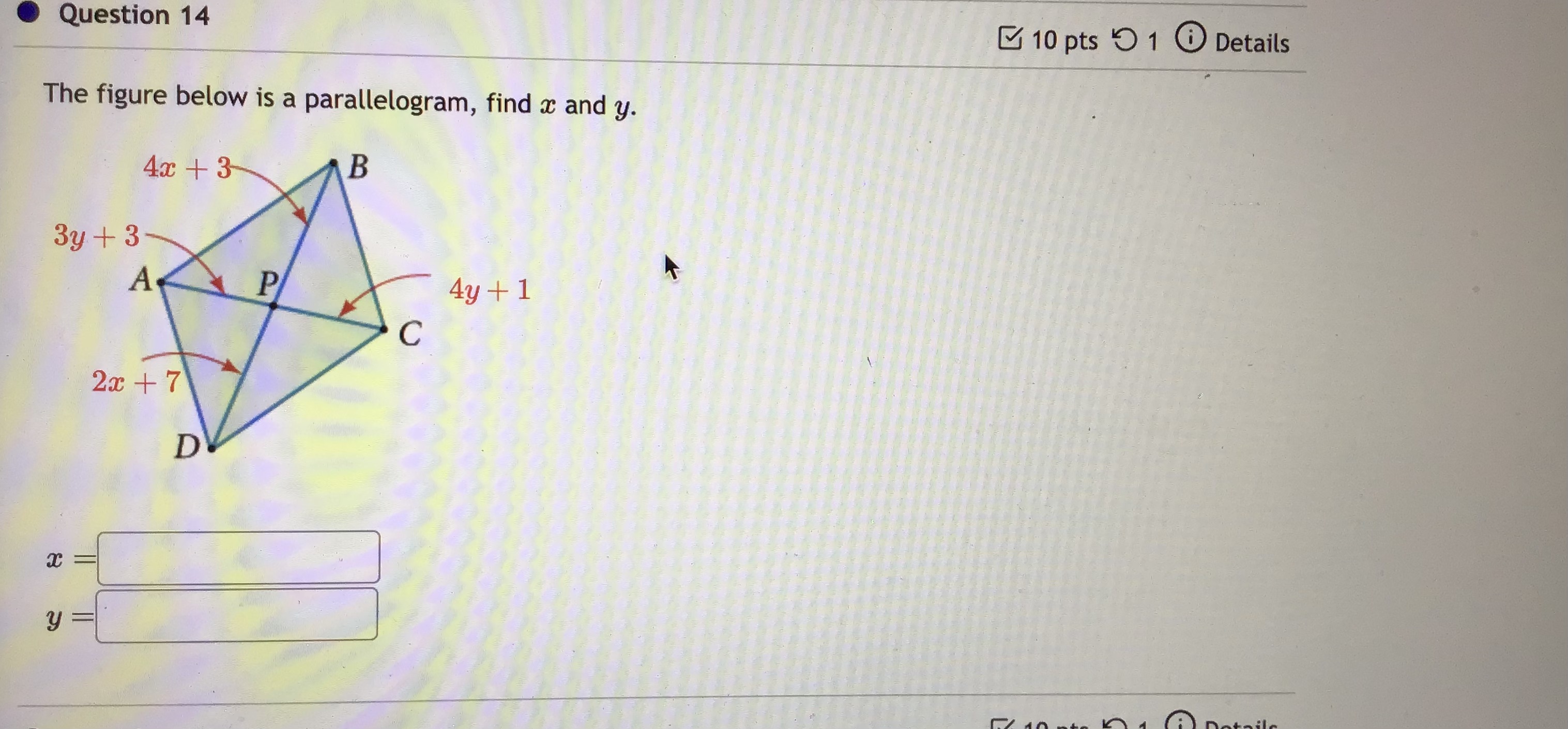 Solved The figure below is a parallelogram, find x and y. | Chegg.com