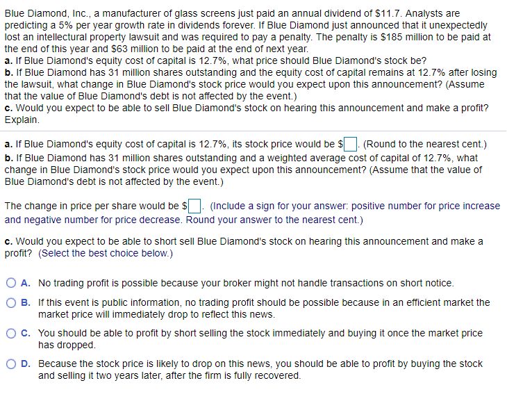 Solved Blue Diamond, Inc., a manufacturer of glass screens | Chegg.com