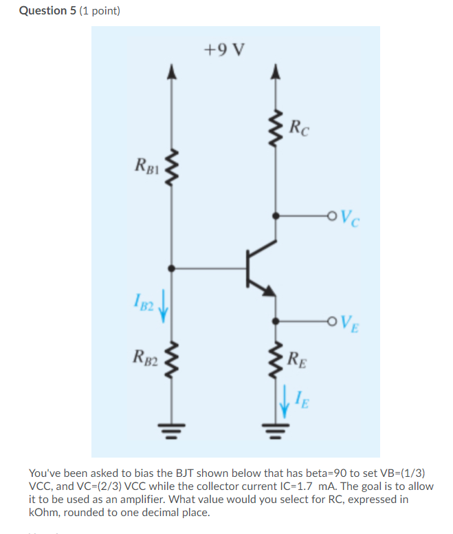 Solved Question 5 (1 point) +9V Rc RB1 ww -Vc 162 LOVE RB2 | Chegg.com