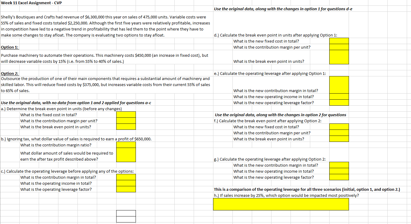Week 11 Excel Assignment - CVP Use the original data, | Chegg.com