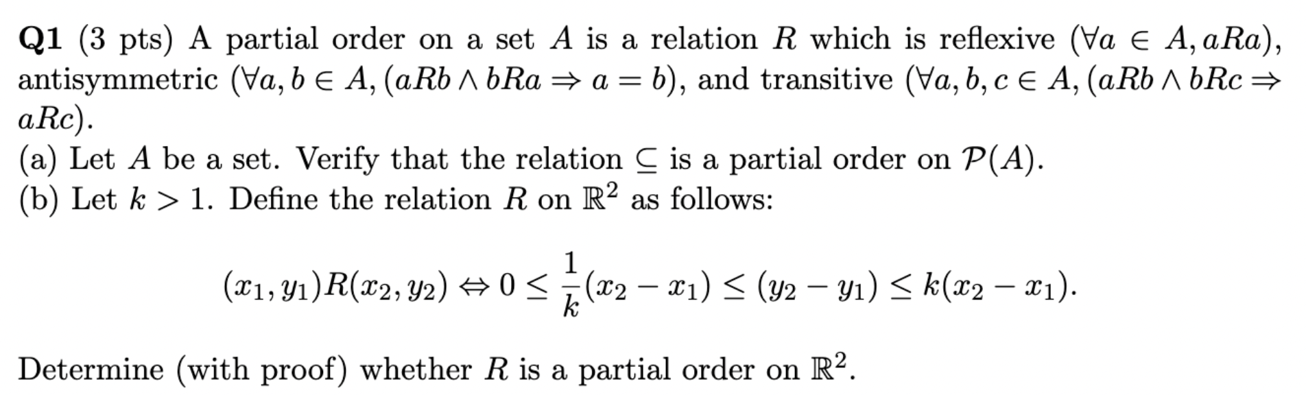 Solved Q1 (3pts) A partial order on a set A is a relation R | Chegg.com