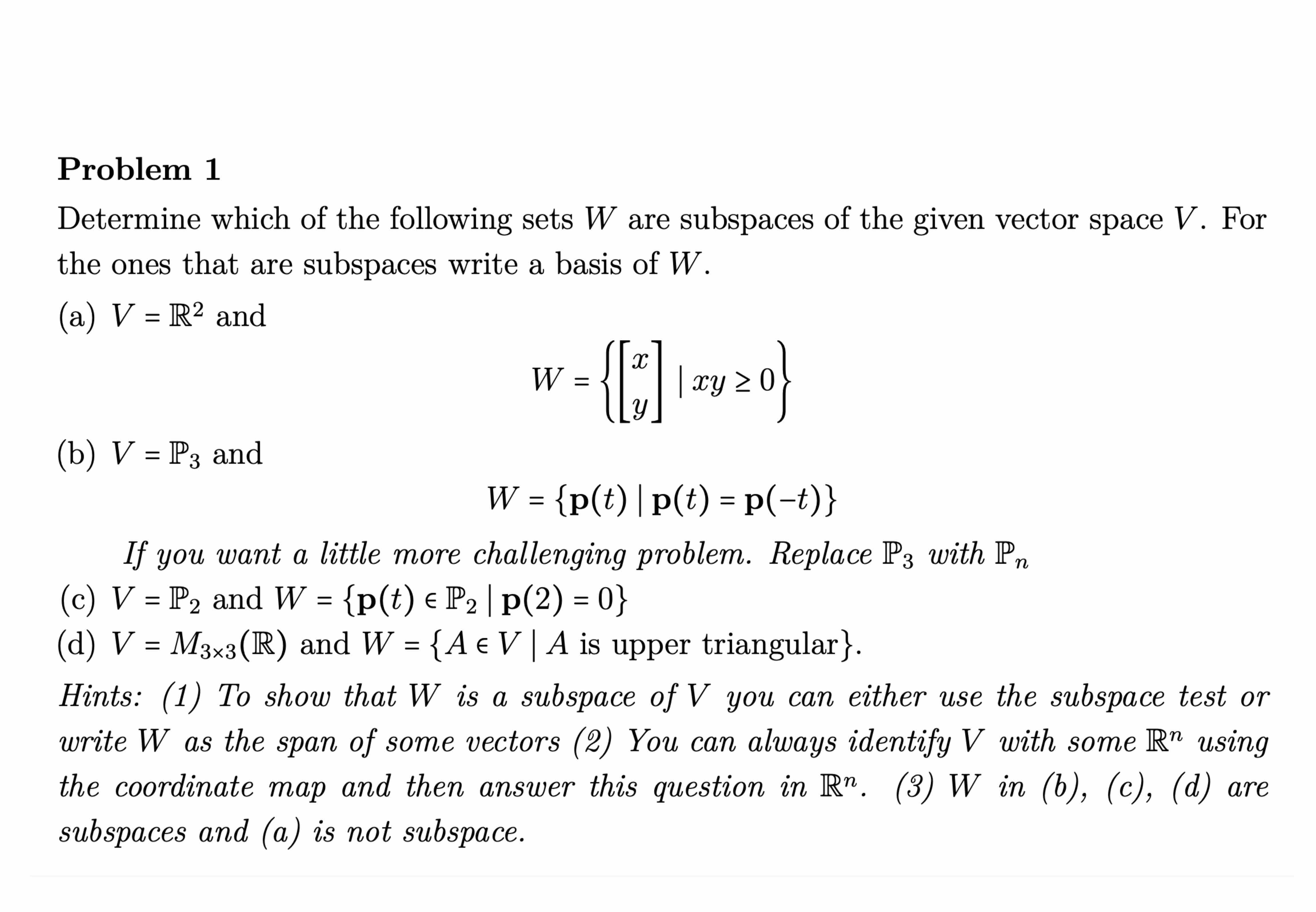 Solved Problem 1Determine which of the following sets W ﻿are | Chegg.com