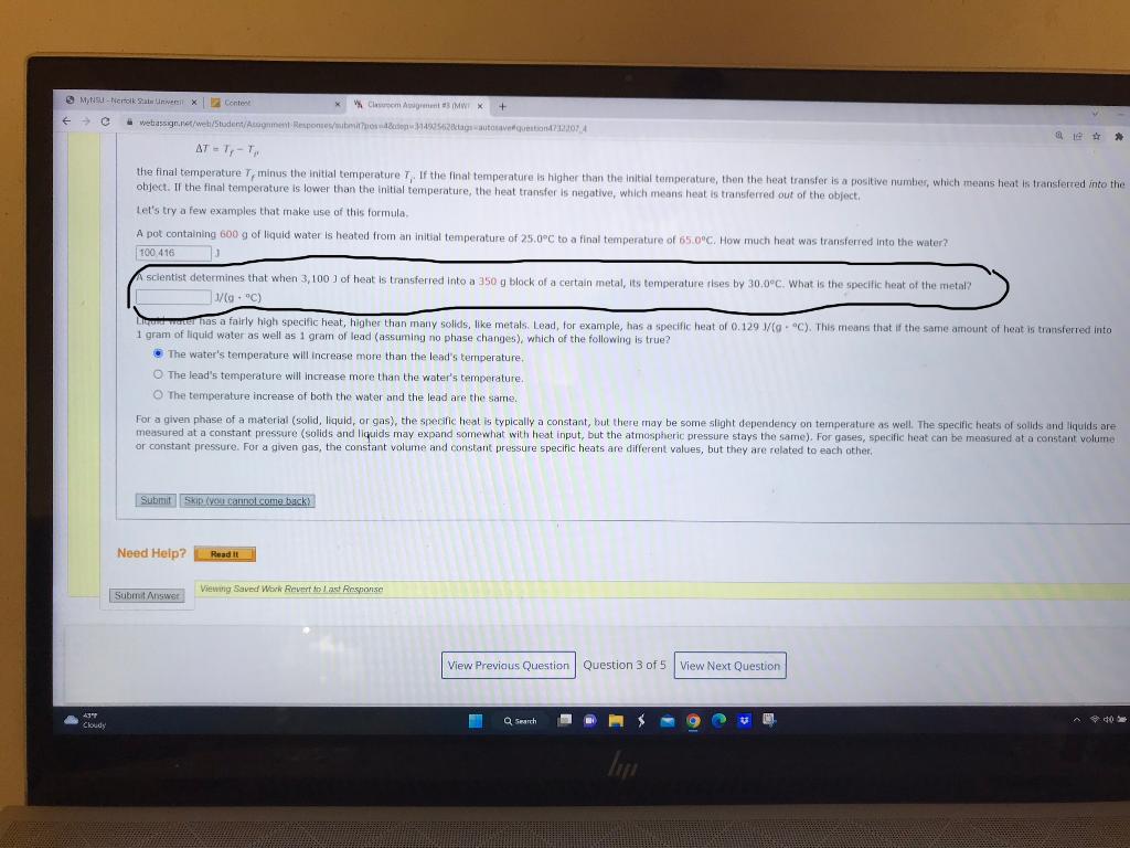 ΔT=Tf−Te the final temperature Tf minus the initial | Chegg.com