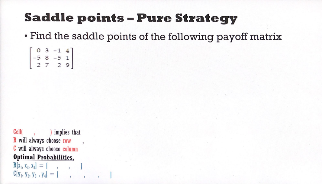 Solved Saddle points - Pure Strategy Find the saddle | Chegg.com