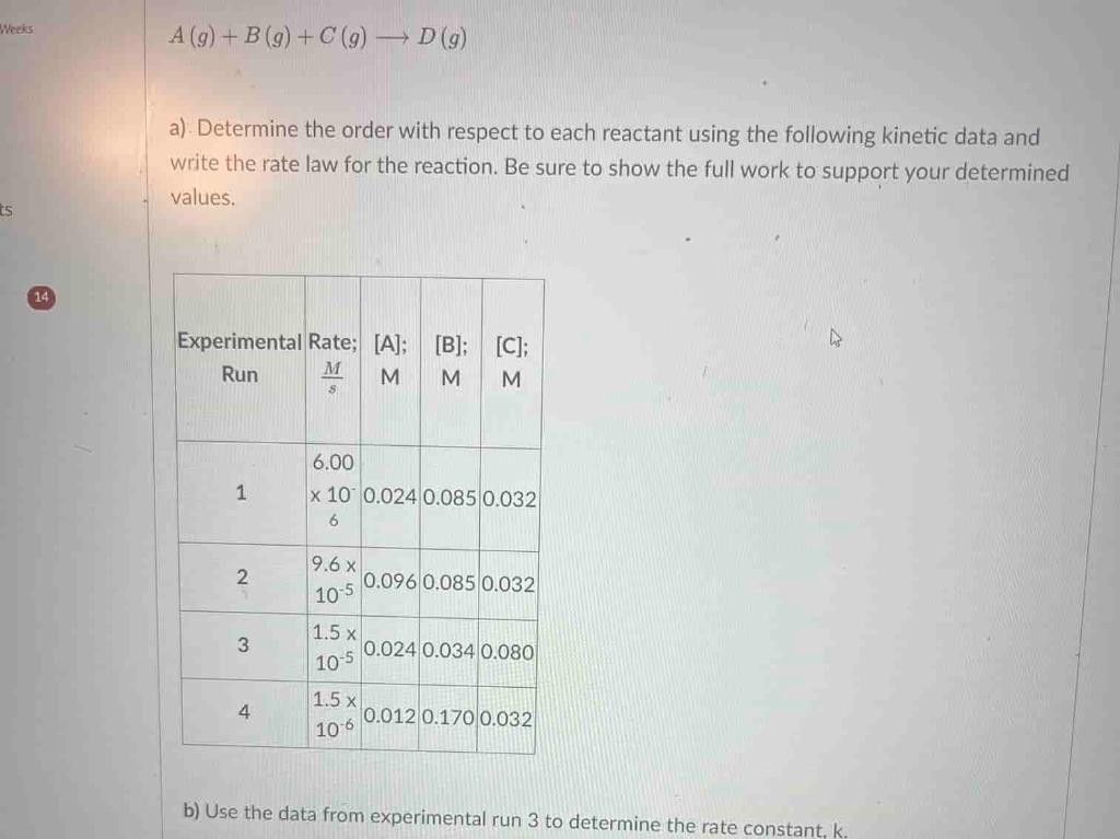 Solved A(g)+B(g)+C(g)→D(g) a) Determine the order with | Chegg.com