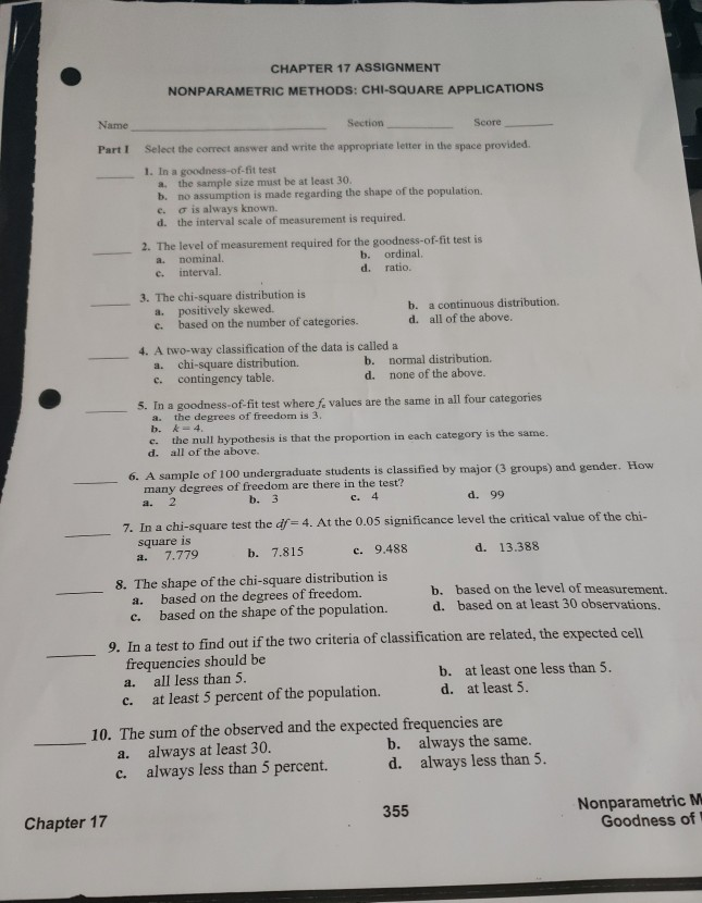 Solved CHAPTER 17 ASSIGNMENT NONPARAMETRIC METHODS: | Chegg.com