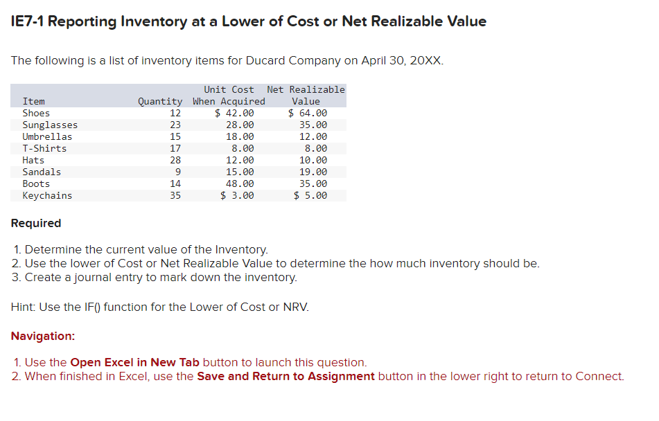 Solved IE7-1 Reporting Inventory at a Lower of Cost or Net | Chegg.com