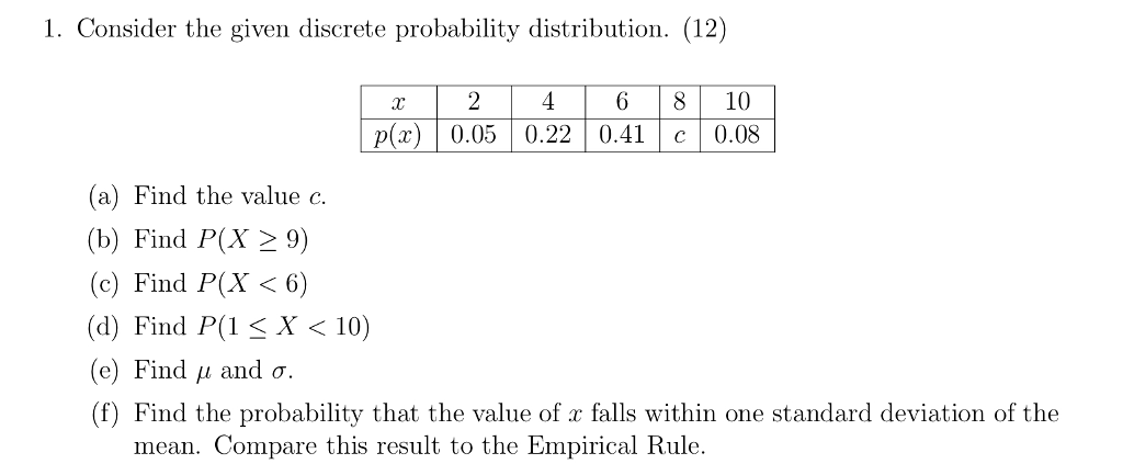 Solved 1 Consider the given discrete probability | Chegg.com