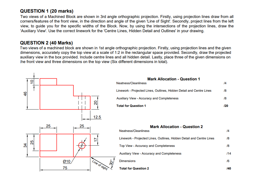 Solved QUESTION 1 (20 marks) Two views of a Machined Block | Chegg.com