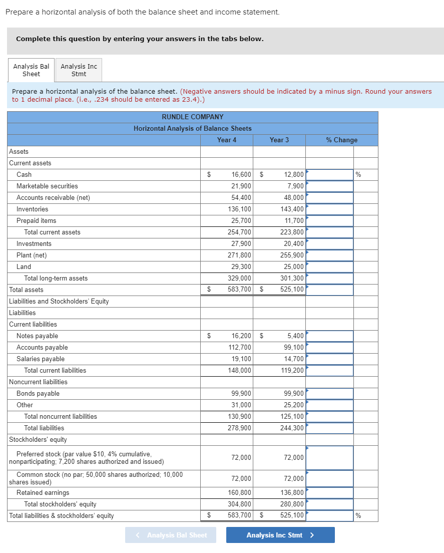 Solved Prepare a horizontal analysis of both the balance | Chegg.com