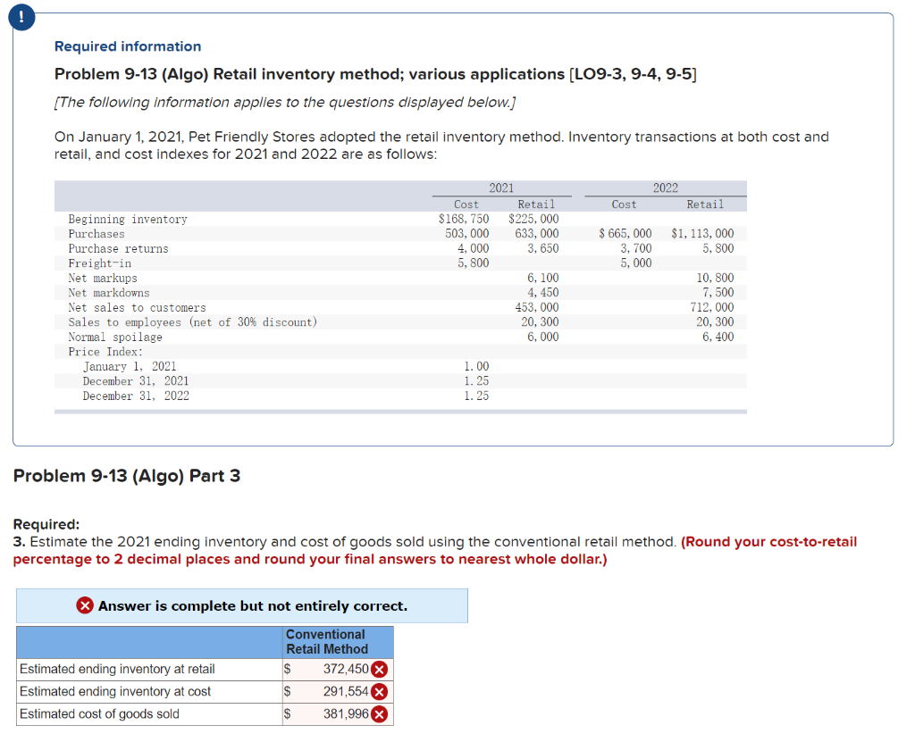 Solved Required information Problem 9-13 (Algo) Retail | Chegg.com