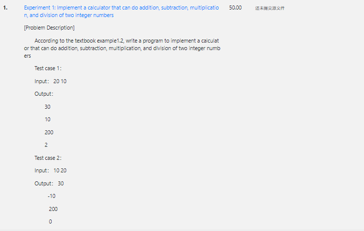 Solved 1. 50.00 还表提交遵义 Experiment 1: Implement a calculator | Chegg.com