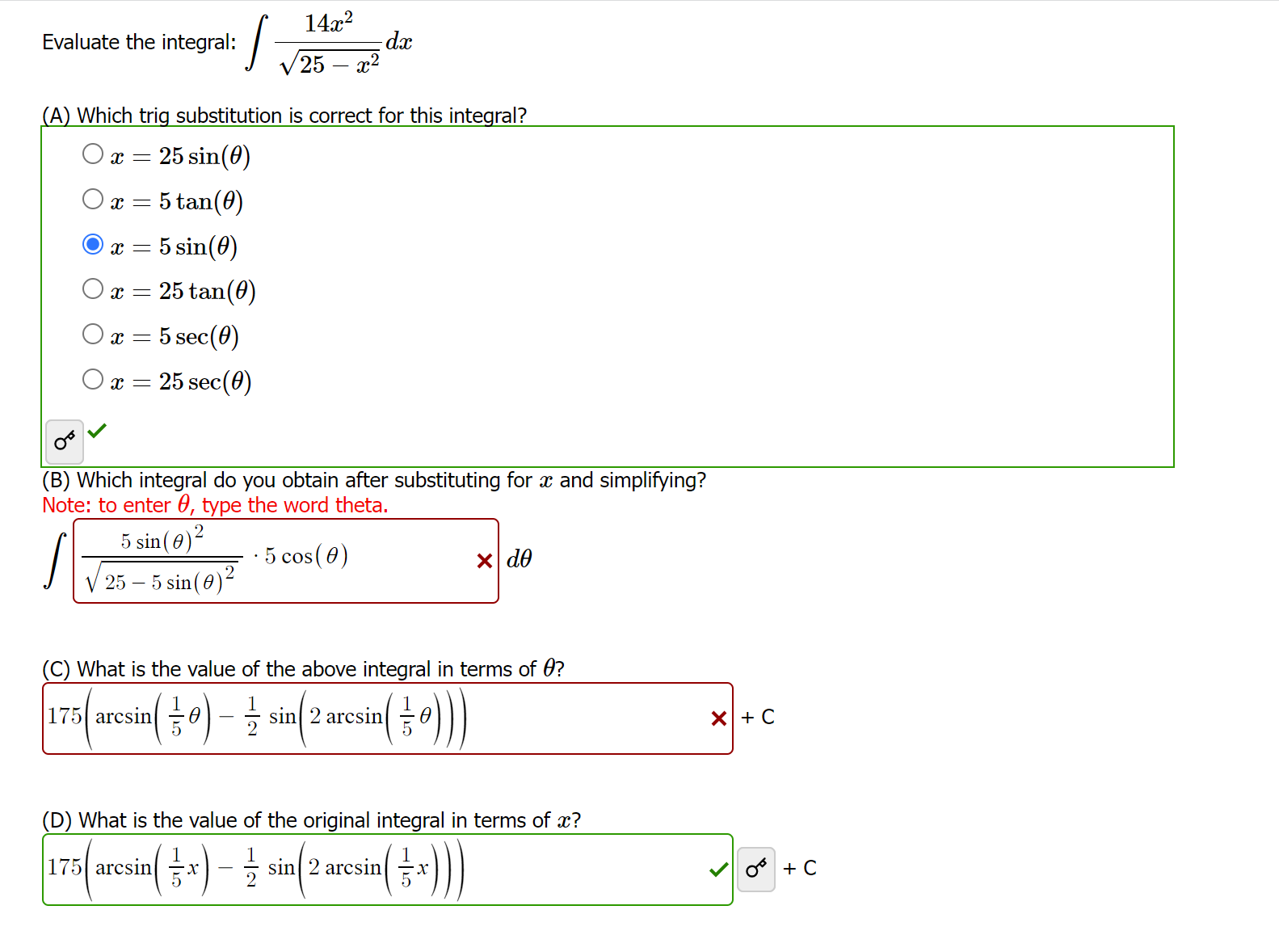 Solved Evaluate the integral: ∫25−x214x2dx (A) Which trig | Chegg.com