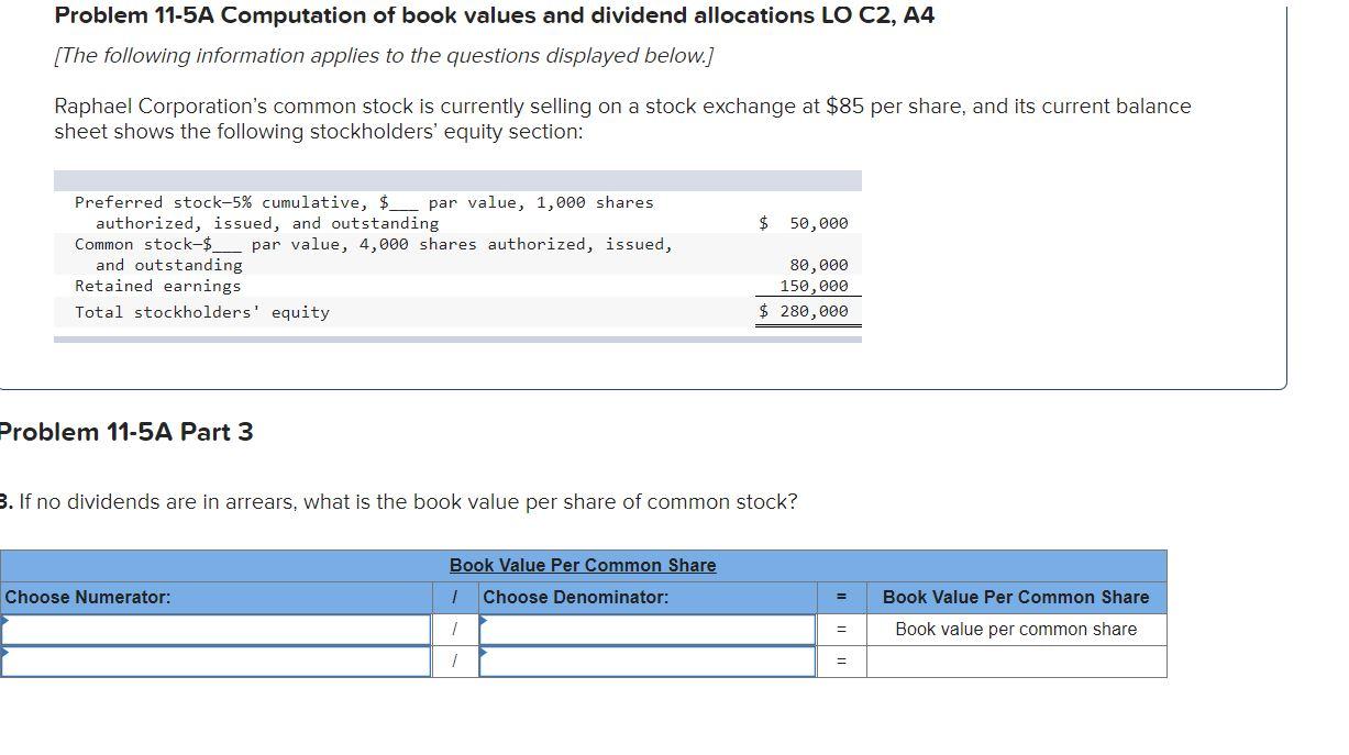 Solved Problem 11-5A Computation of book values and dividend | Chegg.com