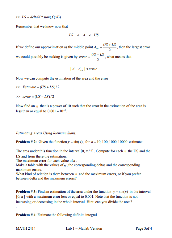 Solved MATH 2414 - Lab 1 Riemann Sums and Estimation of | Chegg.com
