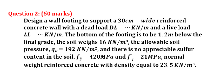 Solved uestion 2: (50 marks) Design a wall footing to | Chegg.com Solved uestion 2: (50 marks) Design a wall footing to | Chegg.com