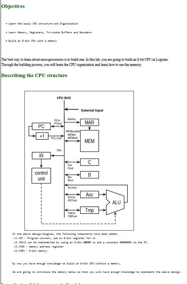 Solved AN 8 ﻿bit cpu with memory in ;ogiObjectivesLearn the | Chegg.com