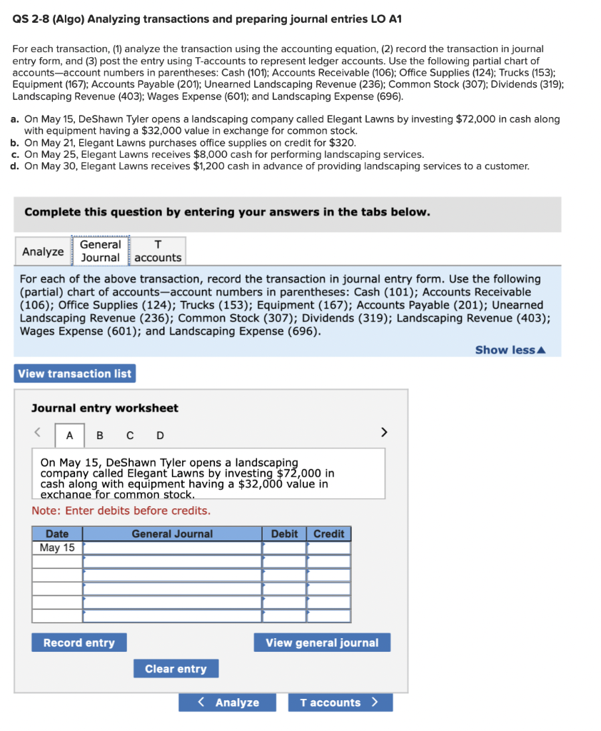 QS 2-8 (Algo) Analyzing transactions and preparing | Chegg.com
