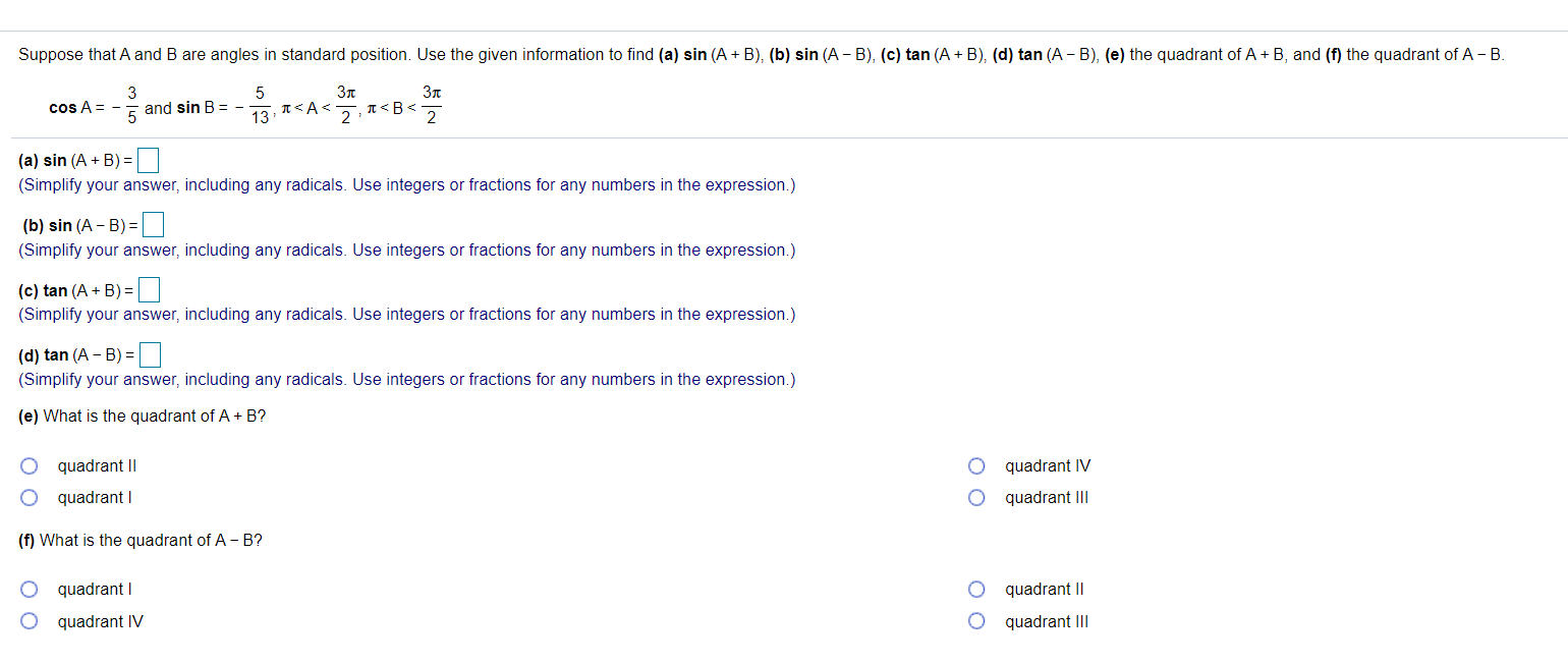 Solved Suppose that A and B are angles in standard position. | Chegg.com