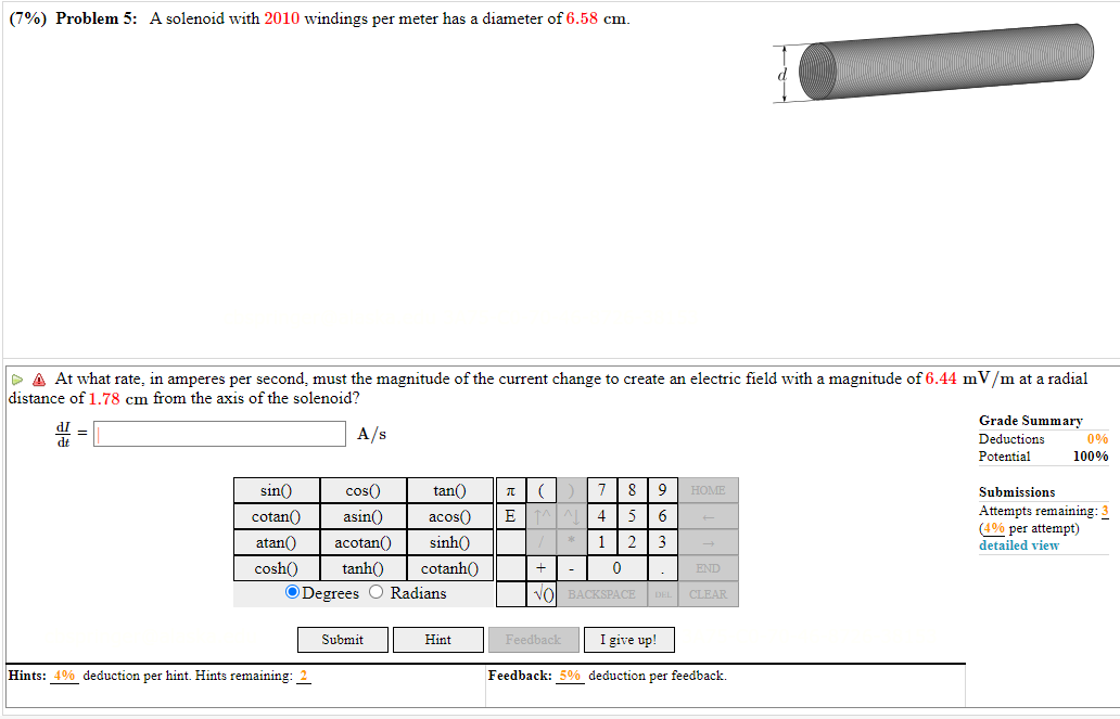 (7\%) Problem 5: A solenoid with 2010 windings per | Chegg.com