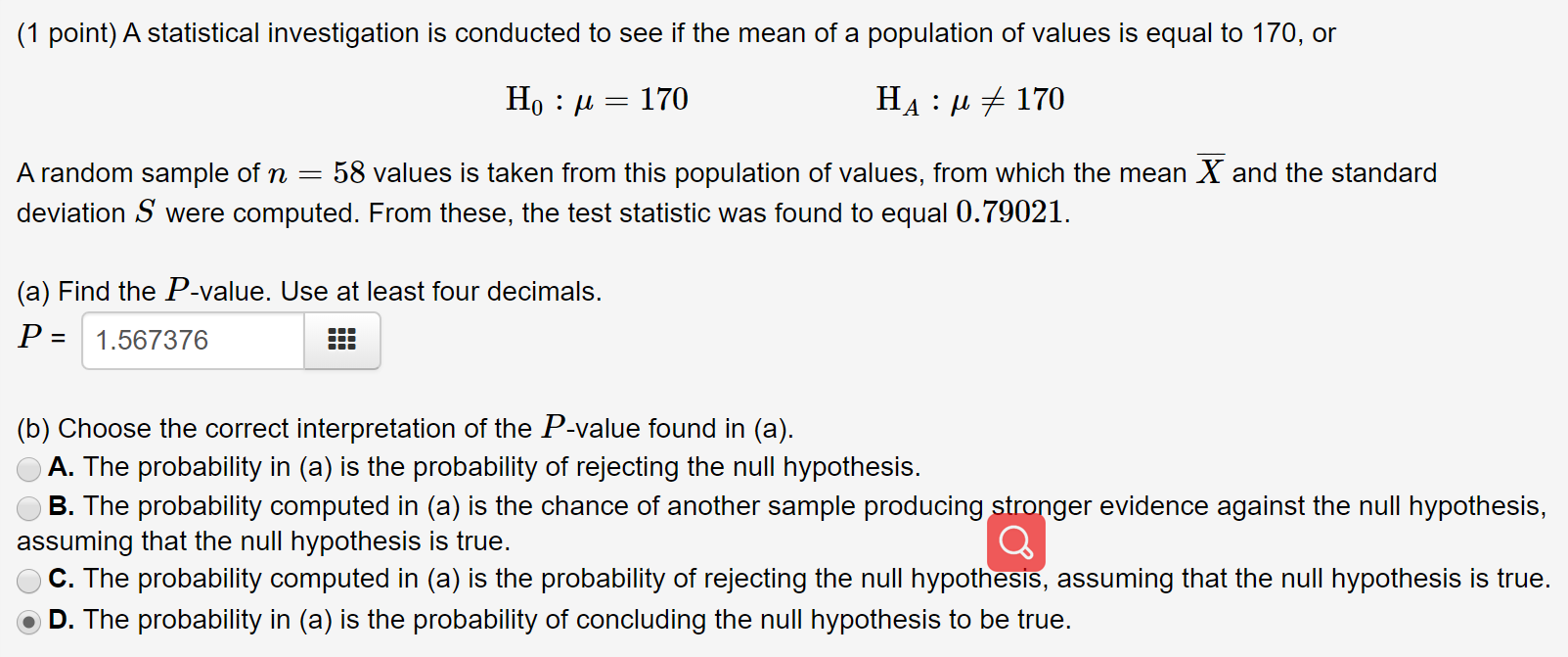 Solved (1 point) A statistical investigation is conducted to | Chegg.com