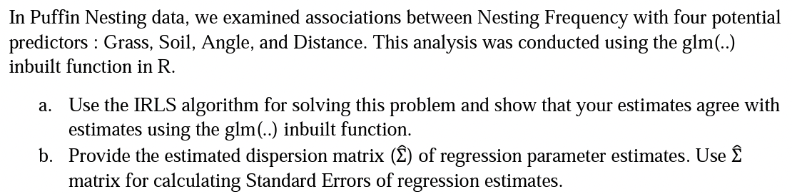 Solved In Puffin Nesting data, we examined associations | Chegg.com