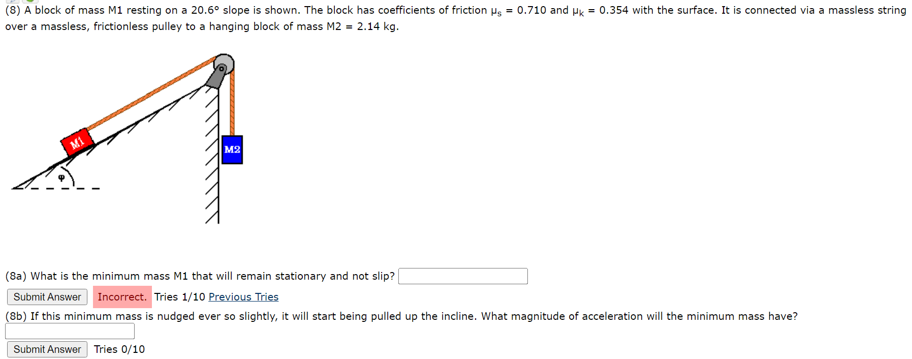 Solved (8) A block of mass M1 resting on a 20.6∘ slope is | Chegg.com