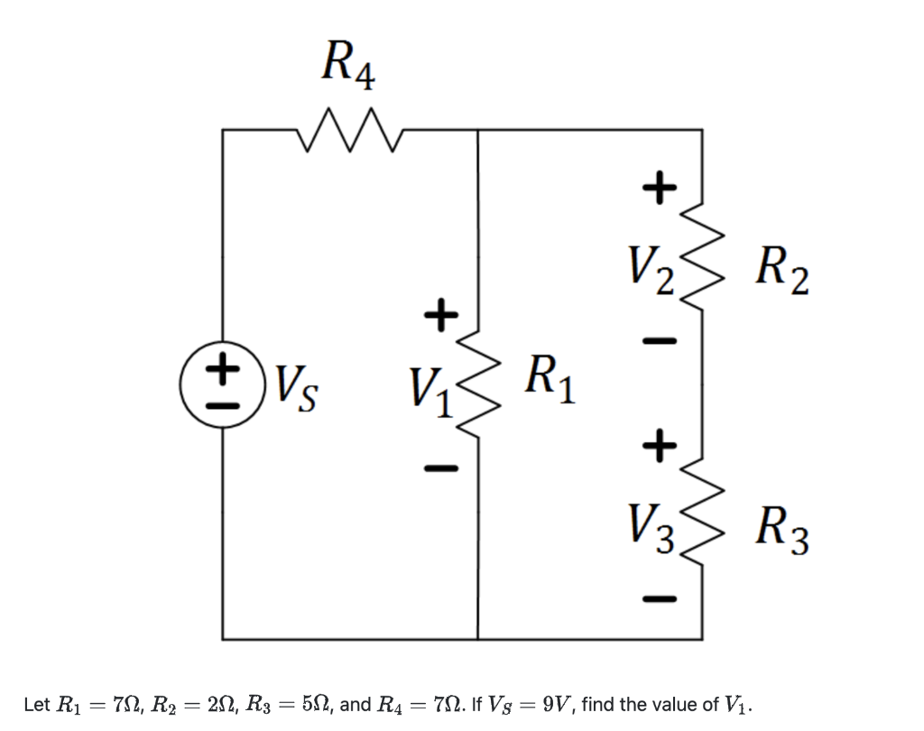 Solved Let R1=7Ω,R2=2Ω,R3=5Ω, and R4=7Ω. If VS=9V, find the | Chegg.com