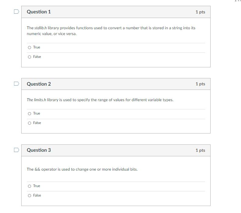 Solved 1 Question 1 1 pts The stdlib.h library provides | Chegg.com