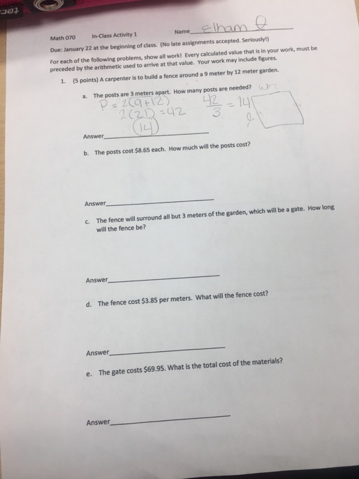 Solved Name ham Math 070 In-Class Activity 1 Due: January 22 | Chegg.com